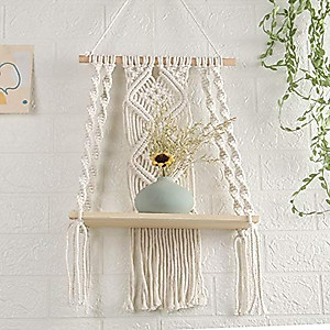 JnnRain Macrame Shelf Macrame Wall Hanging Shelf Beige Macrame Hanging Shelves White Macrame Wall Shelf Decor Plants Wall Shelf Home Decor