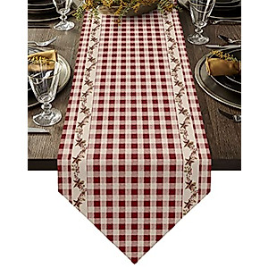 Table Runner Dresser Scarves Burgundy Red Buffalo Plaid Vintage Star Berry Vine Cotton Linen Burlap Table Cover American Country Style Table Runners for Family Kitchen Dining Holiday Party 13x48In