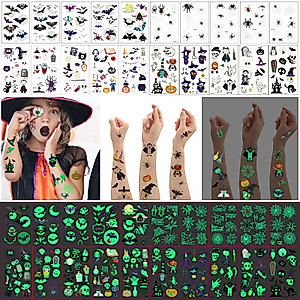 Halloween Temporary Tattoo for Kids 190+Pcs, Glow In The Dark Waterproof Spider Bat Witch Pumpkin Ghost Skull Fake Tattoos - 20 Sheets (Pattern A)