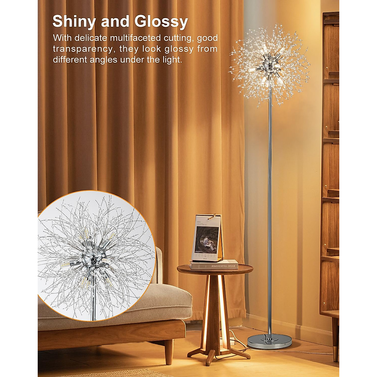 SineRise Modern Crystal Floor Lamp (9-Light, 70-Inch, Chrome), Standing Lamp with Footswitch, LED Floor Lamp for Living Room, Girls Room, Bedroom, Dresser, Office (Bulbs NOT Included)