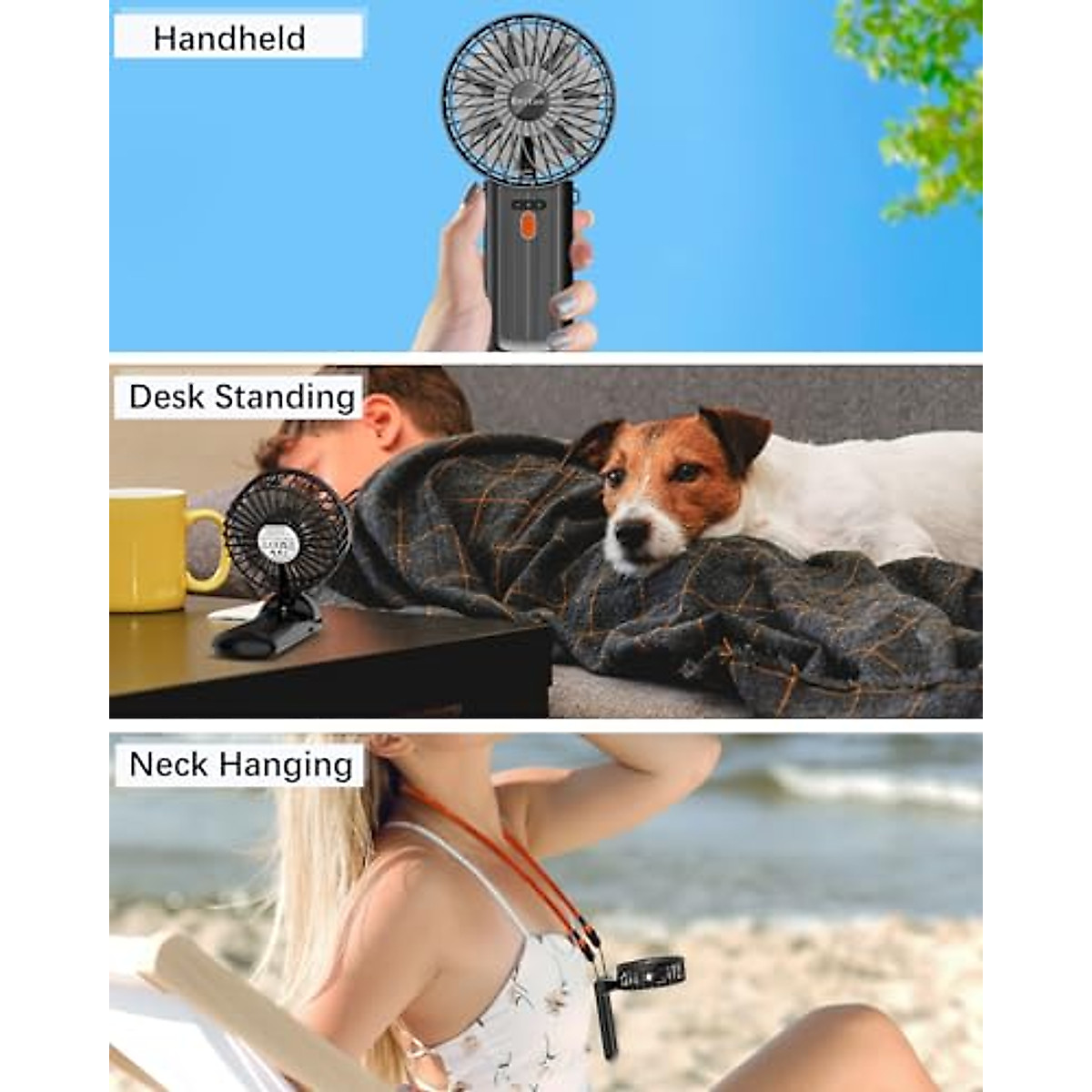 Portable Fan Handheld Fan, Mini Hand Held Fan, 6-15H Cooling Small Personal Fan, 180° Foldable Mini Desk Fan with 4 Quiet Speed, Neck Fan w/Lanyard for Kids Women Men Travel Outdoor Office, Black