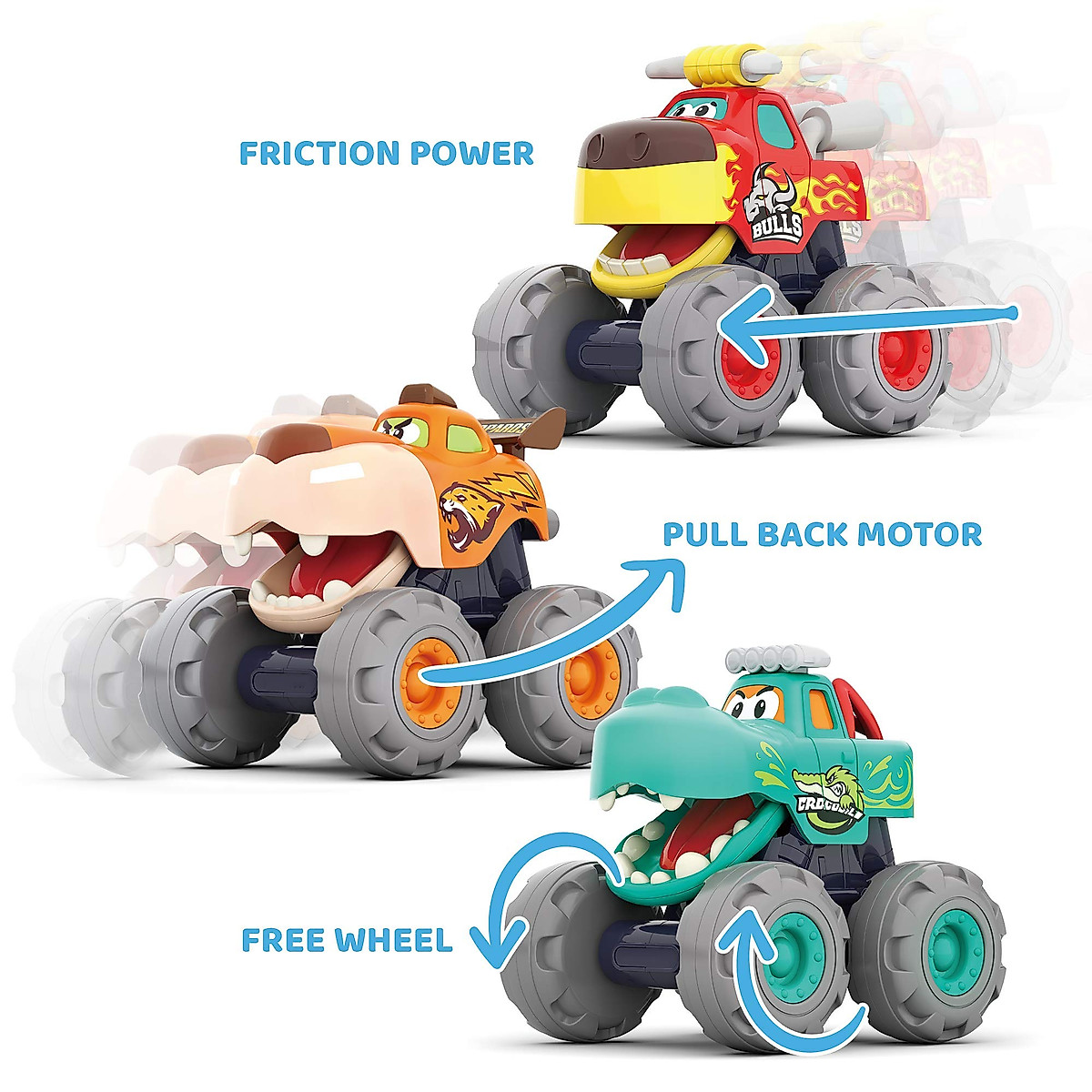 Monster Trucks Gift Set – 3 Trucks with Pull Back, Friction Power and Free Wheel Function – Baby and Toddler Toy Cars with Fun Animal Theme – for 12+ Months / 1 Year