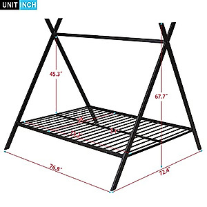 LCH Full Size House Bed Metal Tent Bed Frame, Floor Play House Bed Frame with Slat, Platform Bed for Kids Girls Boys, Teens No Box Spring Needed,Suitable for Bedroom,Apartment and Dorm (Black)