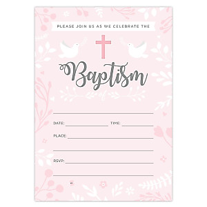 Baptism Invitations for Baby Girls, 25 Fill In The Blank Style Cards and Envelopes.