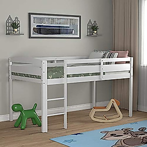 Costzon Twin Loft Bed, Solid Wood Low Loft Bed w/Guard Rail and Ladder, Boys & Girls Twin Bed for Kids Room, No Box Spring Needed, Classic Children Low Loft Bed with Storage for Bedroom, White