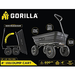 Gorilla Carts GOR4PS Poly Garden Dump Cart with Steel Frame and 10-in. Pneumatic Tires, 600-Pound Capacity, Black