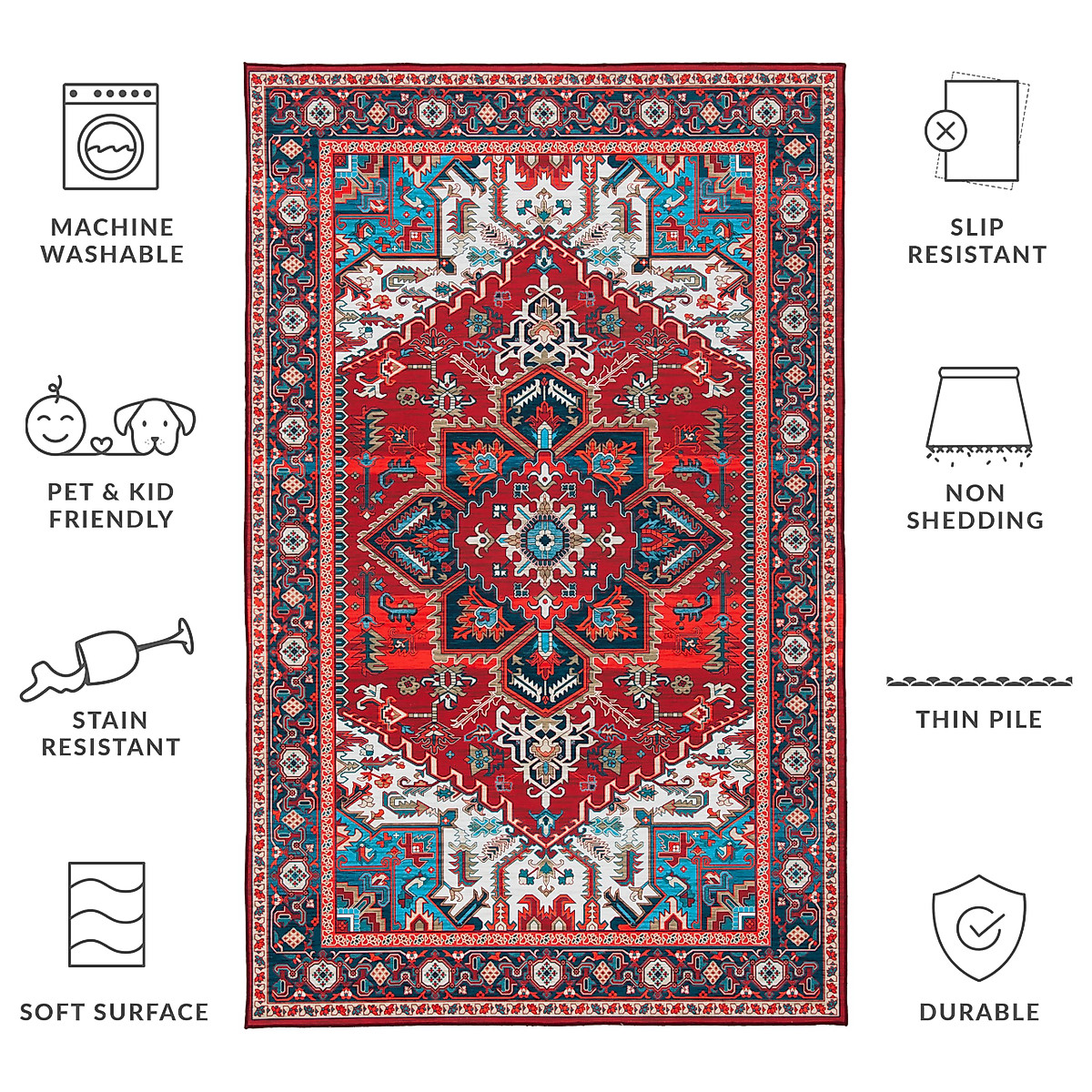 SAFAVIEH Tucson Collection Area Rug - 6'6" x 9', Red & Blue, Medallion Design, Non-Shedding Machine Washable & Slip Resistant Ideal for High Traffic Areas in Living Room, Bedroom (TSN101Q)