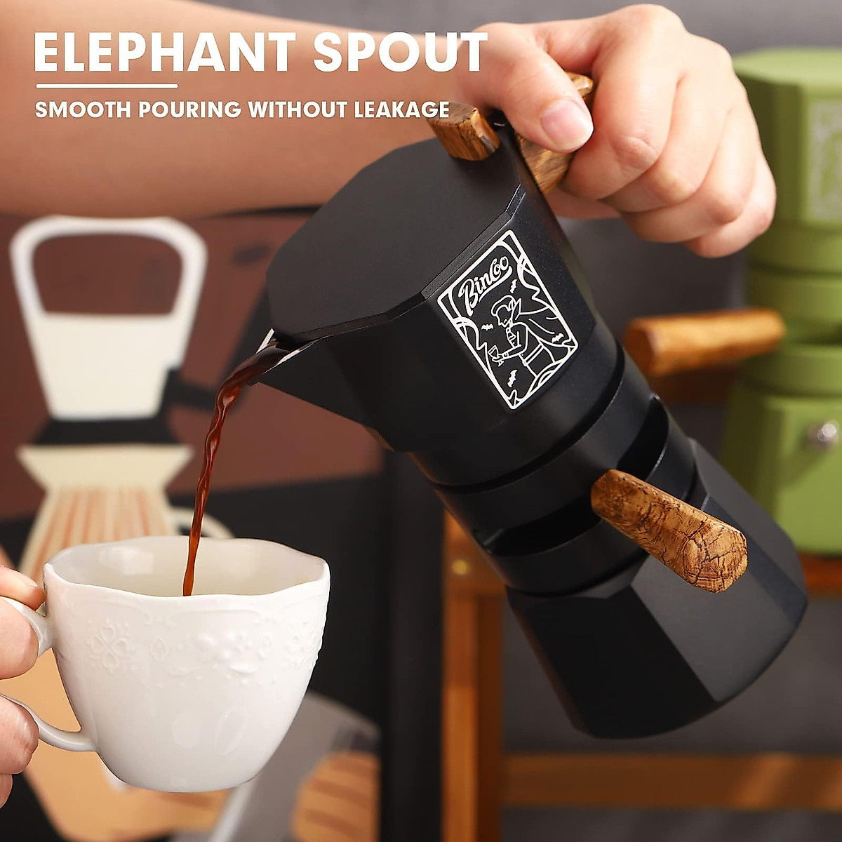 Bincoo 120ML/2 Cup Stovetop Espresso Maker Double Valve Moka Pot with Thermostat Extractor,Italian Espresso Moka Pot with Powder Dispenser and Filter Paper for Home(Black)