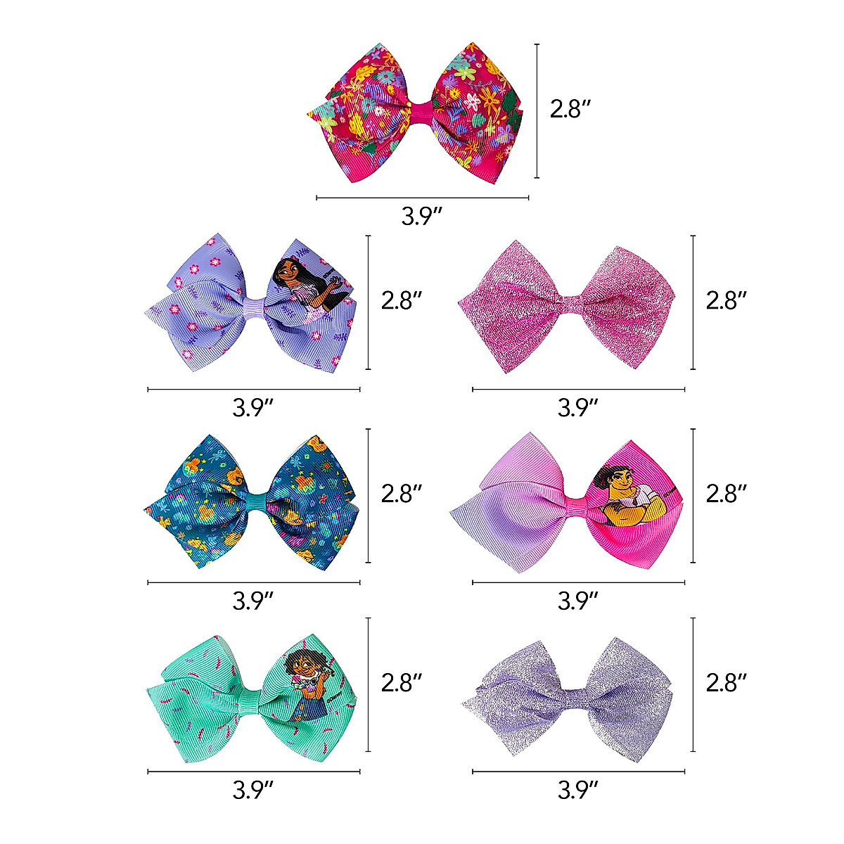 Disney Encanto Bow Bundle 7 Pcs 4 Inch Bundle - Hair Bows for Girls - Different Encanto Image on Each Clip - Alligator Clip - Ages 3+ Hair Accessories Bows for Girls