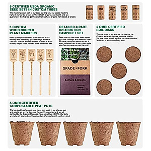 Organic Indoor Lettuce & Greens Garden Starter Kit - Certified USDA Organic Non GMO - Includes Spinach, Kale, Red Romaine, Loose Leaf Lettuce Seeds for Planting, Potting Soil, Peat Pots