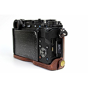 Bottom Opening Version Protective PU Leather Half Camera Case Bag Cover with Tripod Design for Olympus Pen-F Camera with PU Leather Hand Strap Dark Brown
