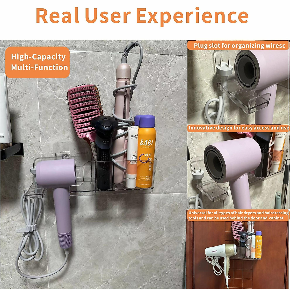 Clear Hair Dryer Holder, Blow Dryer Hanger Wall Mounted for Hair Dryer Hook with Plug&Cord Organizer Self Adhesive for Cabinet Door and Bathroom Organizer and Storage,Pack of 1