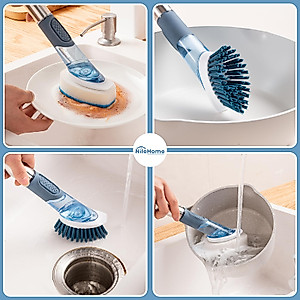 NileHome Dish Brush with Soap Dispenser Dish Scrubber with 4 Replaceable Heads Kitchen Dish Scrub Brush with Stainless Steel Handle Dish Cleaning Brush Dish Wand for Dishes, Pots…