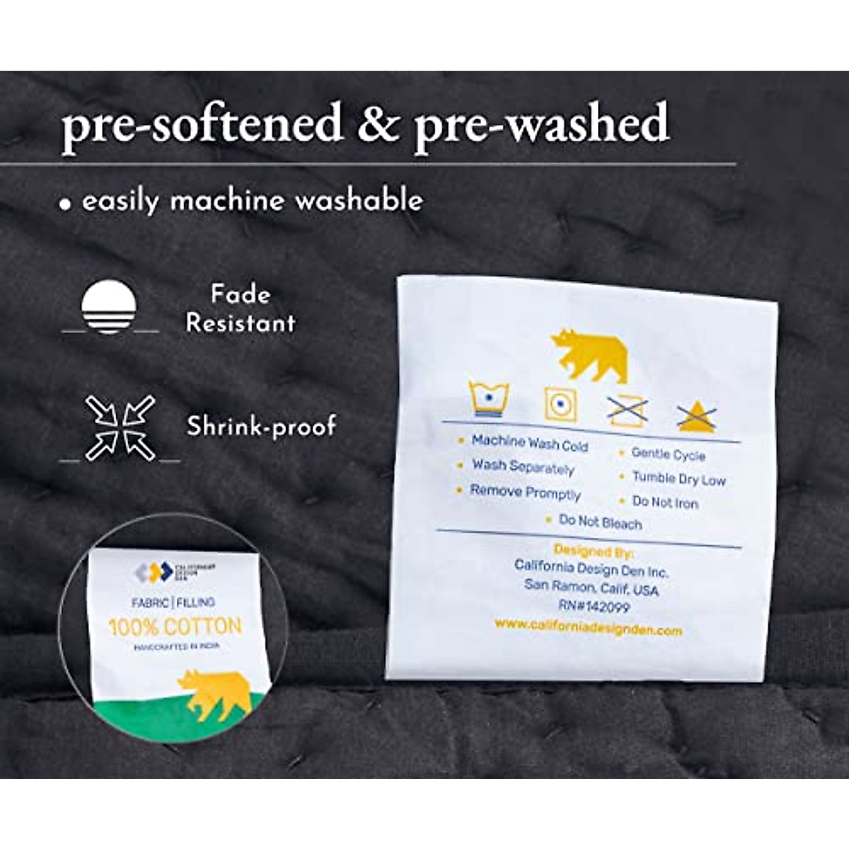 California Design Den Soft 100% Cotton Hand-Quilted Twin/Twin-XL Quilt with Sham, Pure Cotton Fabric & Fill, Charcoal Grey Twin Quilt, Pre-Softened, Diamond Pattern (Charcoal Grey)