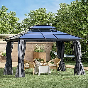 Outsunny 10' x 12' Hardtop Gazebo Canopy with Polycarbonate Roof, Aluminum Frame, Permanent Pavilion Outdoor Gazebo with Netting, for Patio, Garden, Backyard, Deck, Lawn, Light Gray