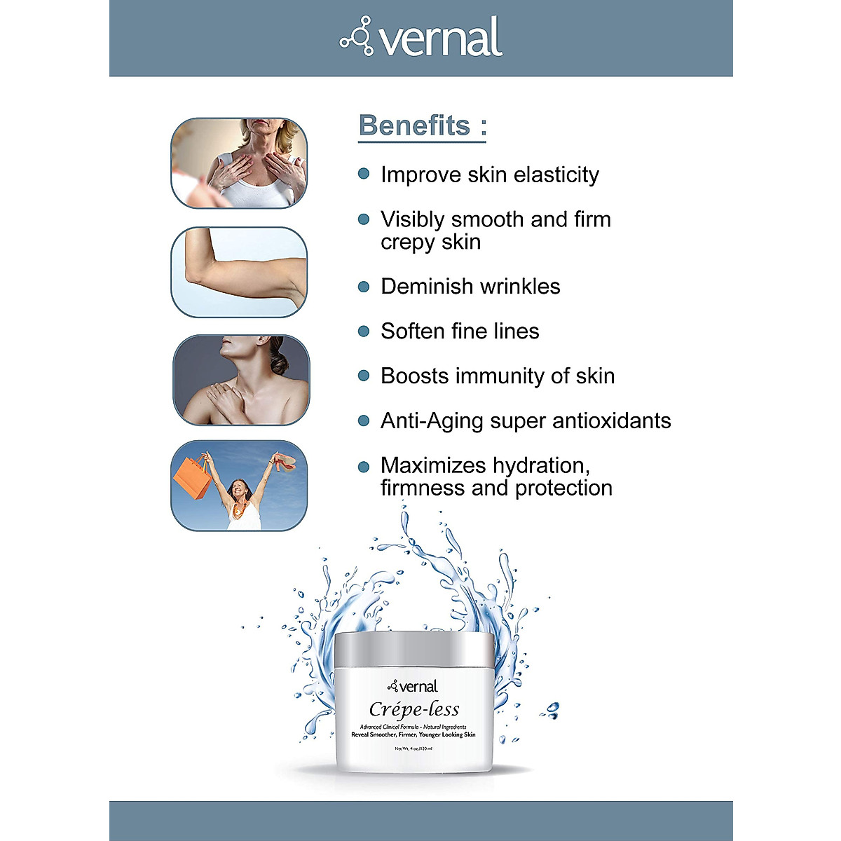 Vernal Crepe-less crepey skin firming cream to reduce crepey arms, neck & hands. Organic tightening cream to reduce thin wrinkled skin on arms, neck and body. Made in USA (4 Oz)