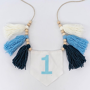 Boy Blue Yarn Tassel Garland 1st Birthday High Chair Banner - Navy Blue Birthday Decor, Cake Smash Photo Prop, Background Photo Prop, Baby Nursery Decor (Blue 1 Tassel)