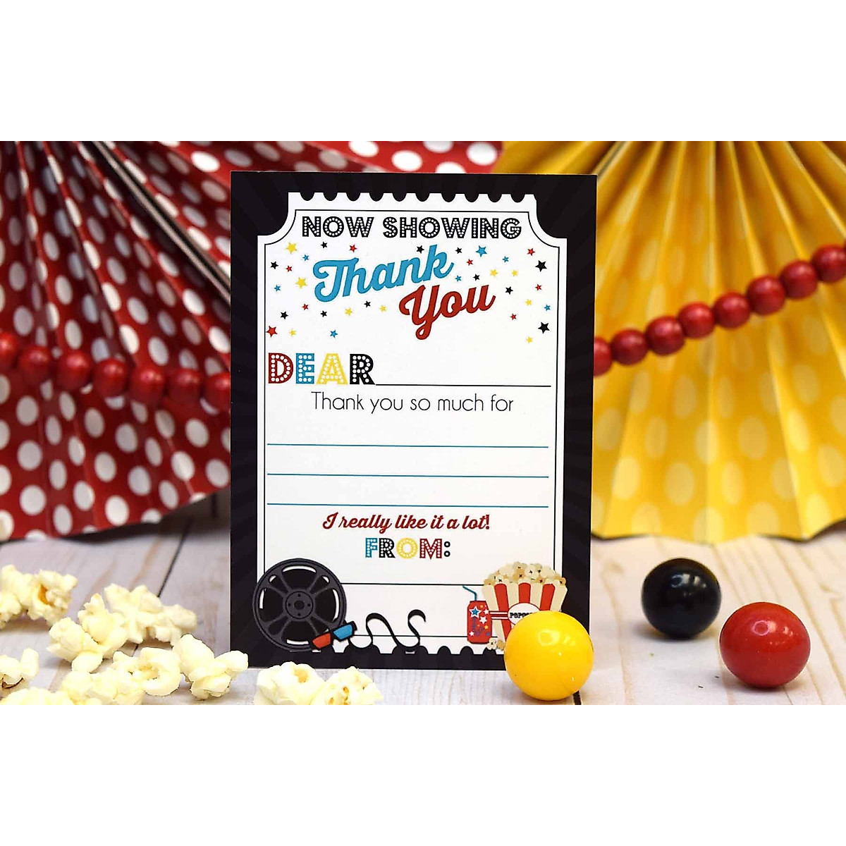 Bold Movie Night Birthday Thank You Notes, Ten 4" x 5.5" Fill In The Blank Cards with 10 White Envelopes by AmandaCreation