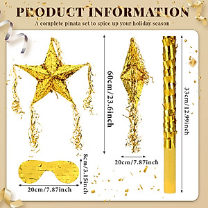 Foil Star Piñata with Blindfold and Bat for Kids Birthday Foldable Star Shape Piñata with Piñata Stick Gold Festive Star Piñata Foil Star Fiesta Party Supplies Favors for Mexican Baby Shower Party