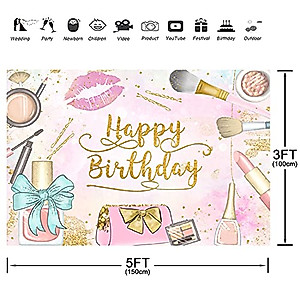 Aperturee Makeup Spa Happy Birthday Backdrop 5x3ft Girls Women Princess Pink Glamour Cosmetics Beauty Make Up Photography Background Sweet 16th Banner Party Decorations Photo Booth Shoot Studio Props