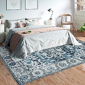 GAOMON Area Rug 8x10 Washable Rug Washable Living Room Rugs Large Medallion Distressed Carpets Indoor Soft Floor Anti Slip Carpet for Under Dining Table Bedroom Farmhouse Home Office,Blue