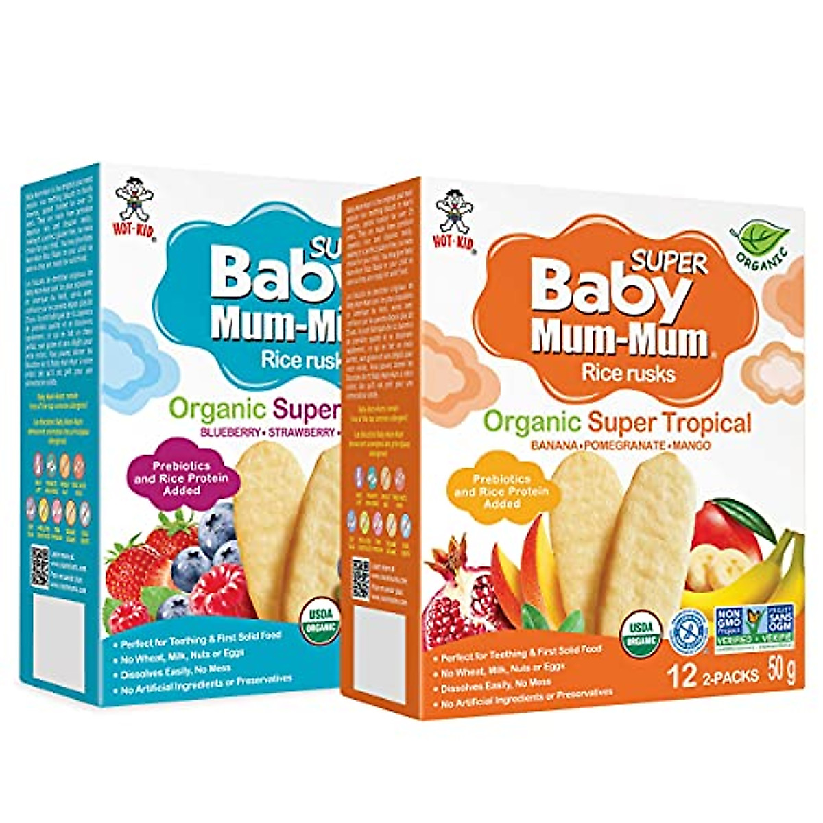 Baby Mum-Mum Super Organic Rice Rusks, 2 Flavor Variety Pack, 24 Pieces Per Box (Pack of 4): Super Tropical & Super Berries Gluten Free, Allergen Free, Non-GMO, Rice Teether (Berries & Tropical)