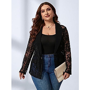 WDIRARA Women's Plus Size Contrast Lace Button Front Lapel Neck Long Sleeve Elegant Blazer Black 1XL