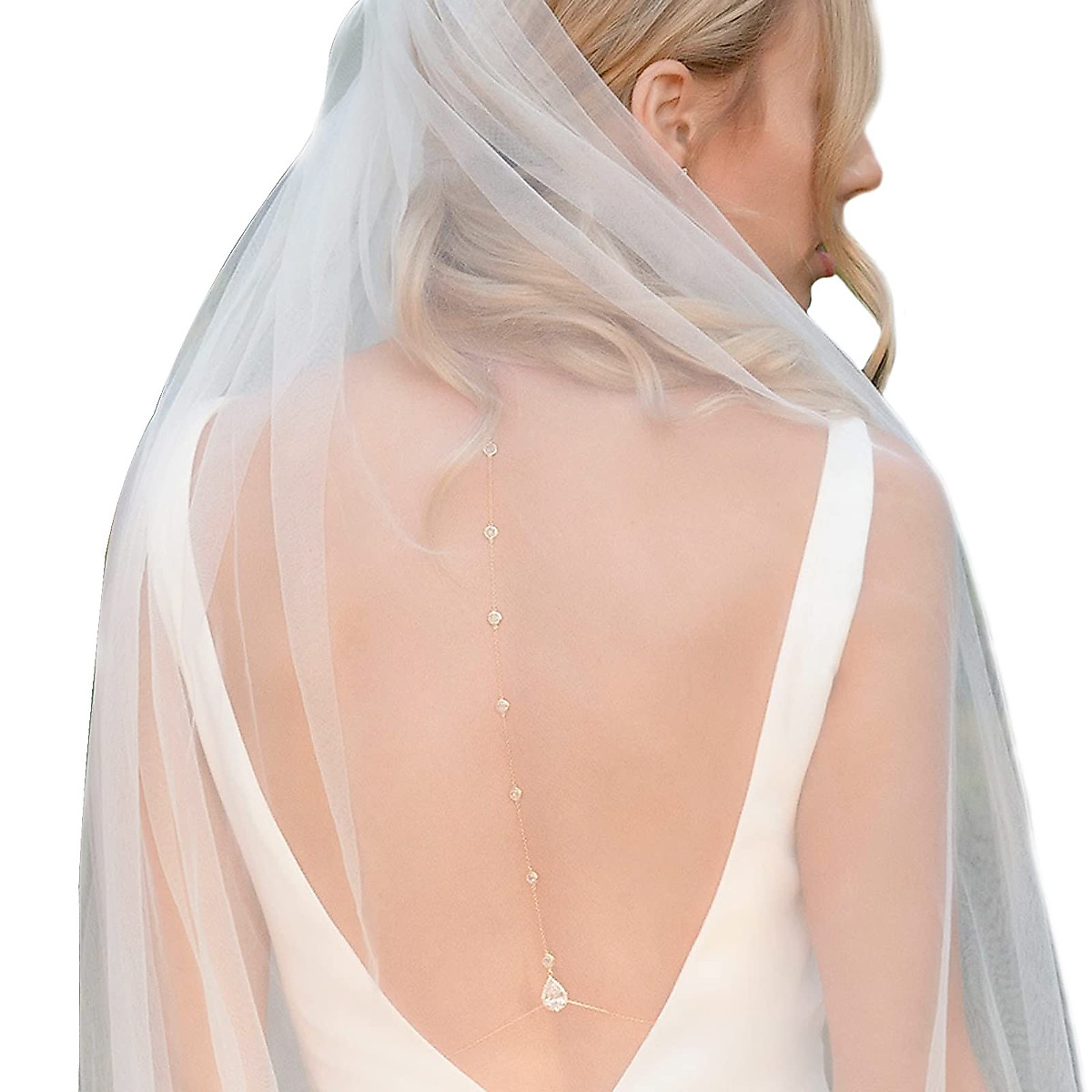 Luxury Wedding Rhinestone Back Necklace Layered Bridal Rhinestone Back Chain Rhinestone Backdrop Necklace Body Chain Crystal Waist Chain Jewelry for Women (Gold)