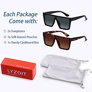 LYZOIT Square Oversized Sunglasses for Women Men Big Flat Top 2 pack Fashion Shield Large UV Protection Rimless Shades Black Tortoise Sun glasses