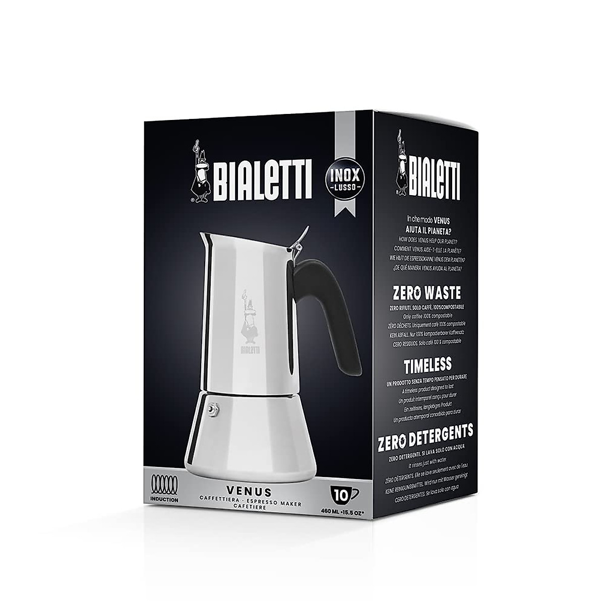 Bialetti - New Venus Induction, Stovetop Coffee Maker, Suitable for all Types of Hobs, Stainless Steel, 10 Cups (15.5 Oz), Silver