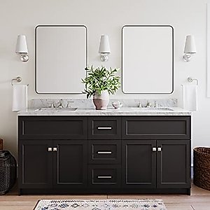 ARIEL 73" Black Double Vanity, 1.5" Edge Italian Carrara Marble Countertop & Splash, Rectangular Sink, 4 Soft Closing Doors, 3 Full Extension Dovetail Drawers, Built in Toe Kick, Brushed Nickel