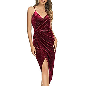 Vestidos De Mujer, Rojos para Mujer Elegantes Wedding Guest Dress for Women De Fiesta Cortos Women's Sleeveless Strap Wrap V Neck Ruched Slit Party Cocktail Midi Glitter Dress (M, Red)