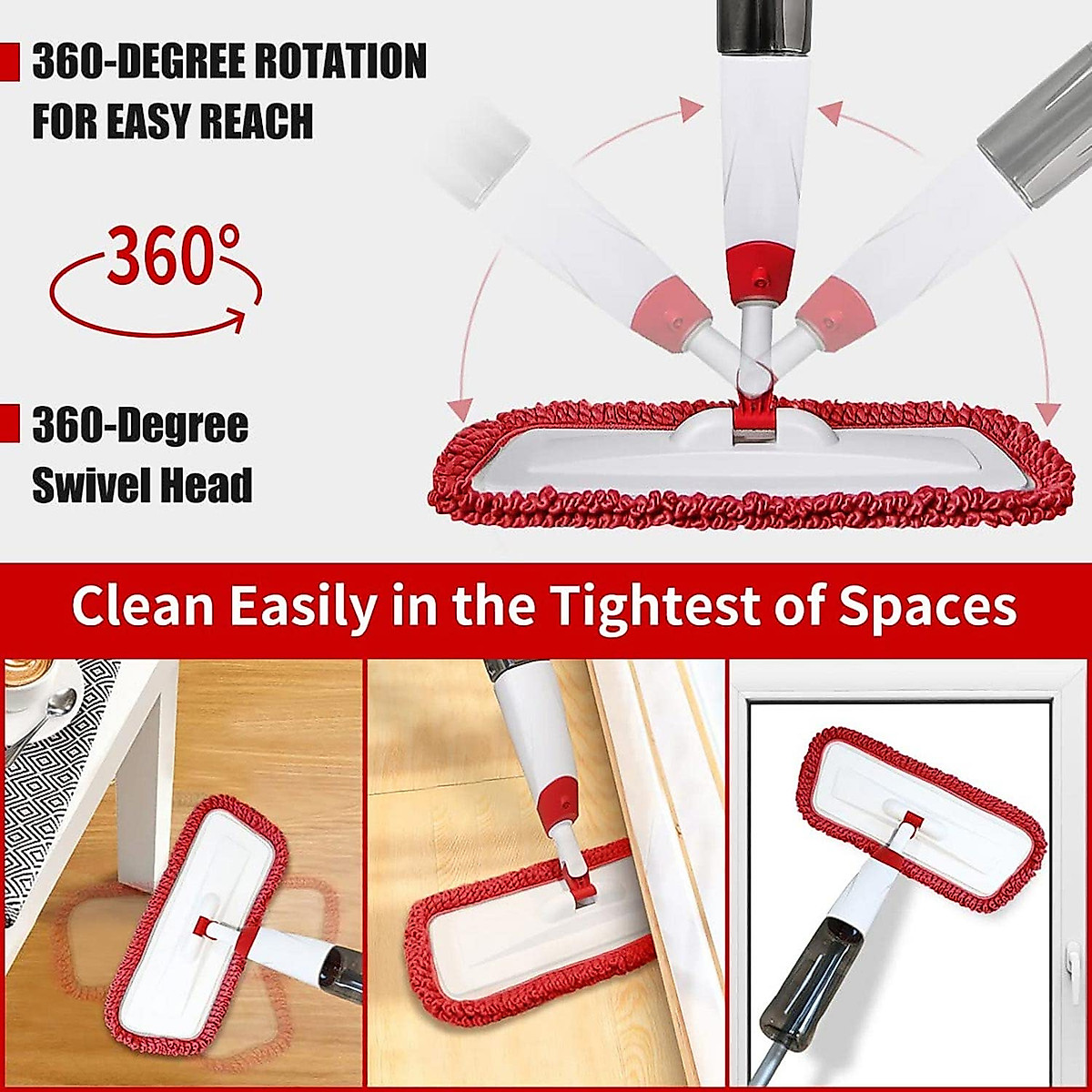 Spray Mops for Floor Cleaning, Microfiber Spray Cleaning Mop Kit with 3 Reusable Washable Pads 700ML Refillable Bottle and Scrubber Flat Mop with 360 Degree Swivel Head for Hardwood Laminate (Red)