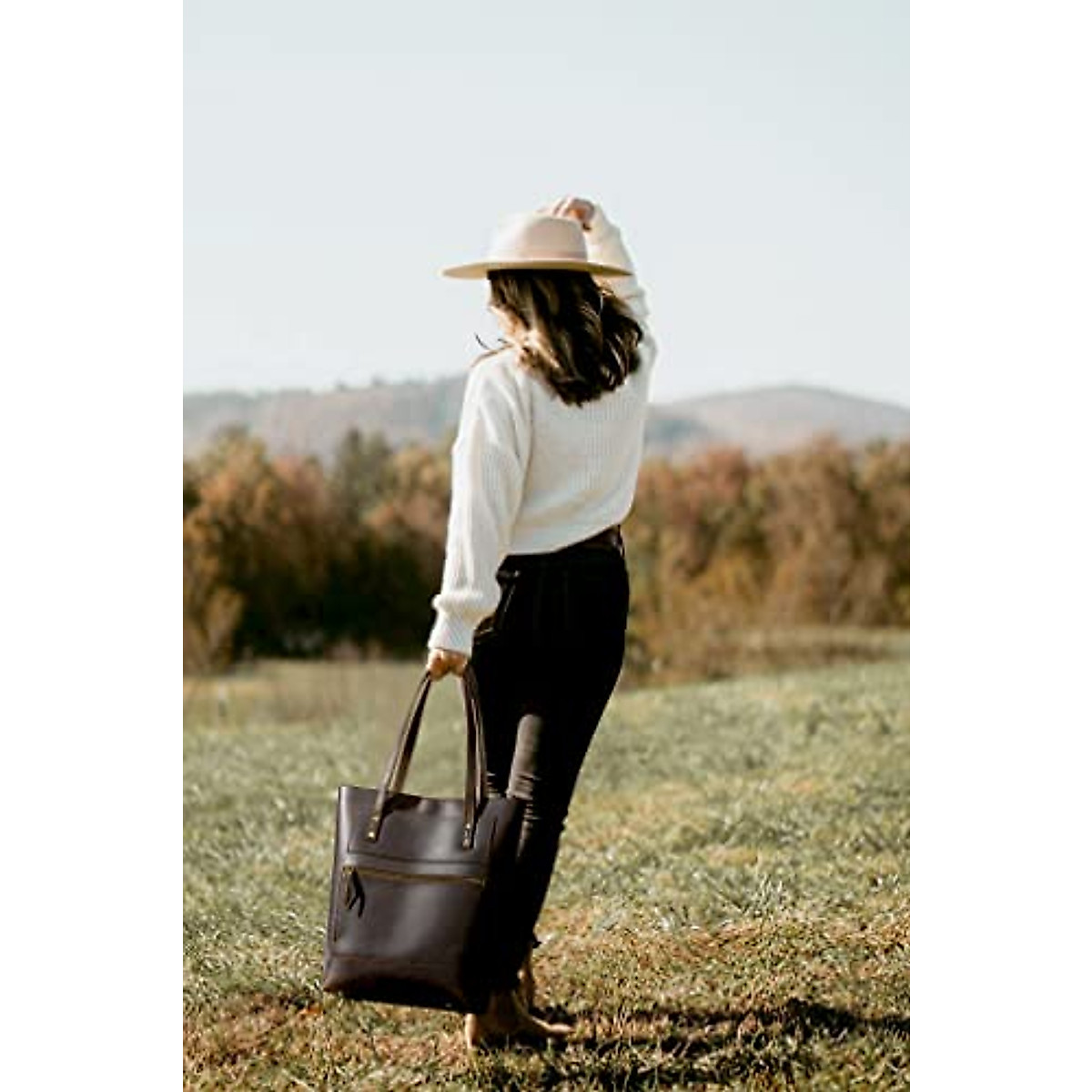 S-ZONE Women Genuine Leather Tote Bag Vintage Shoulder Purse Handbag with Back Zipper Pocket, Large Work Bag for Ladies