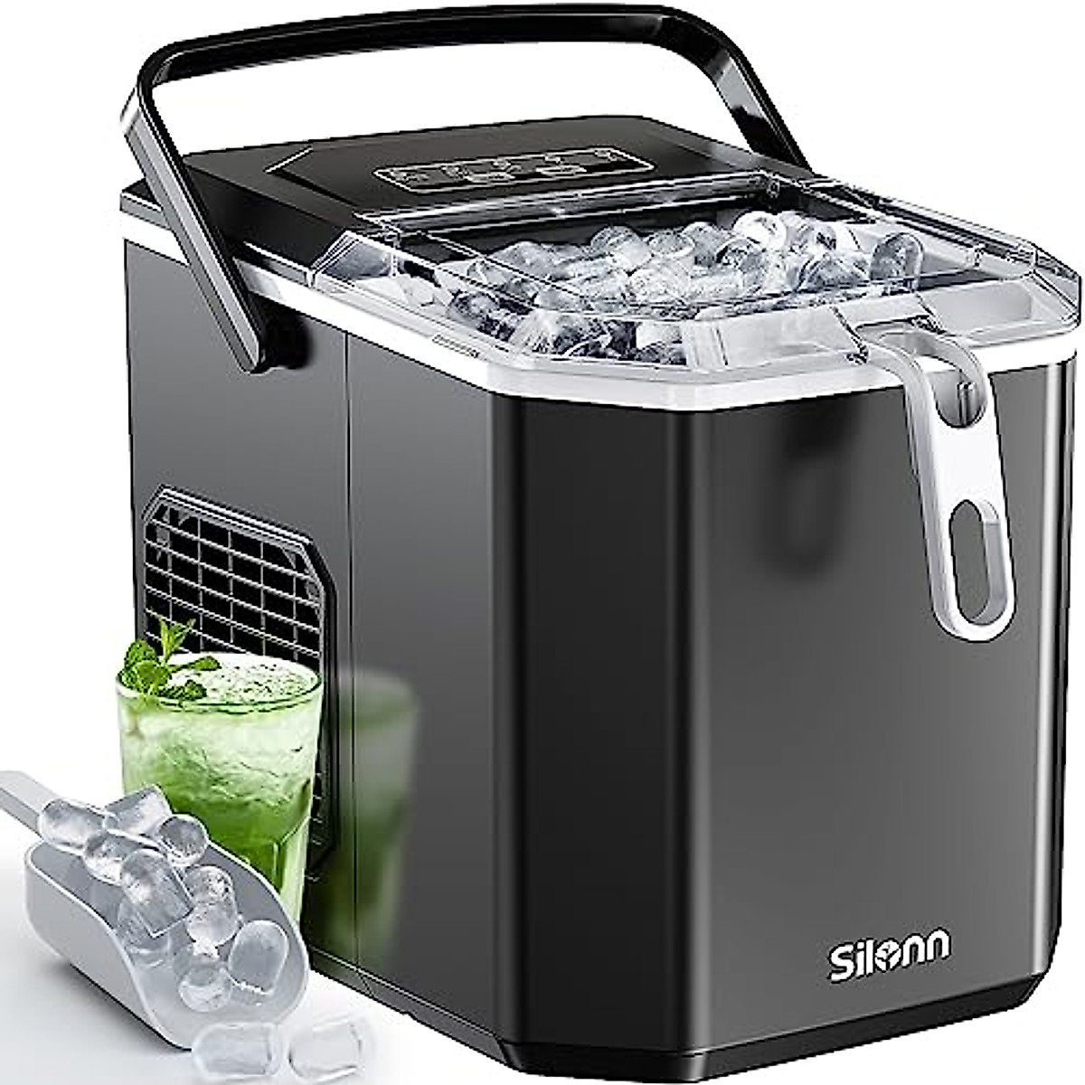 Silonn Ice Maker Countertop, Portable Ice Machine with Carry Handle, Self-Cleaning Ice Makers with Basket and Scoop, 9 Cubes in 6 Mins, 26 lbs per Day, Ideal for Home, Kitchen, Camping, RV
