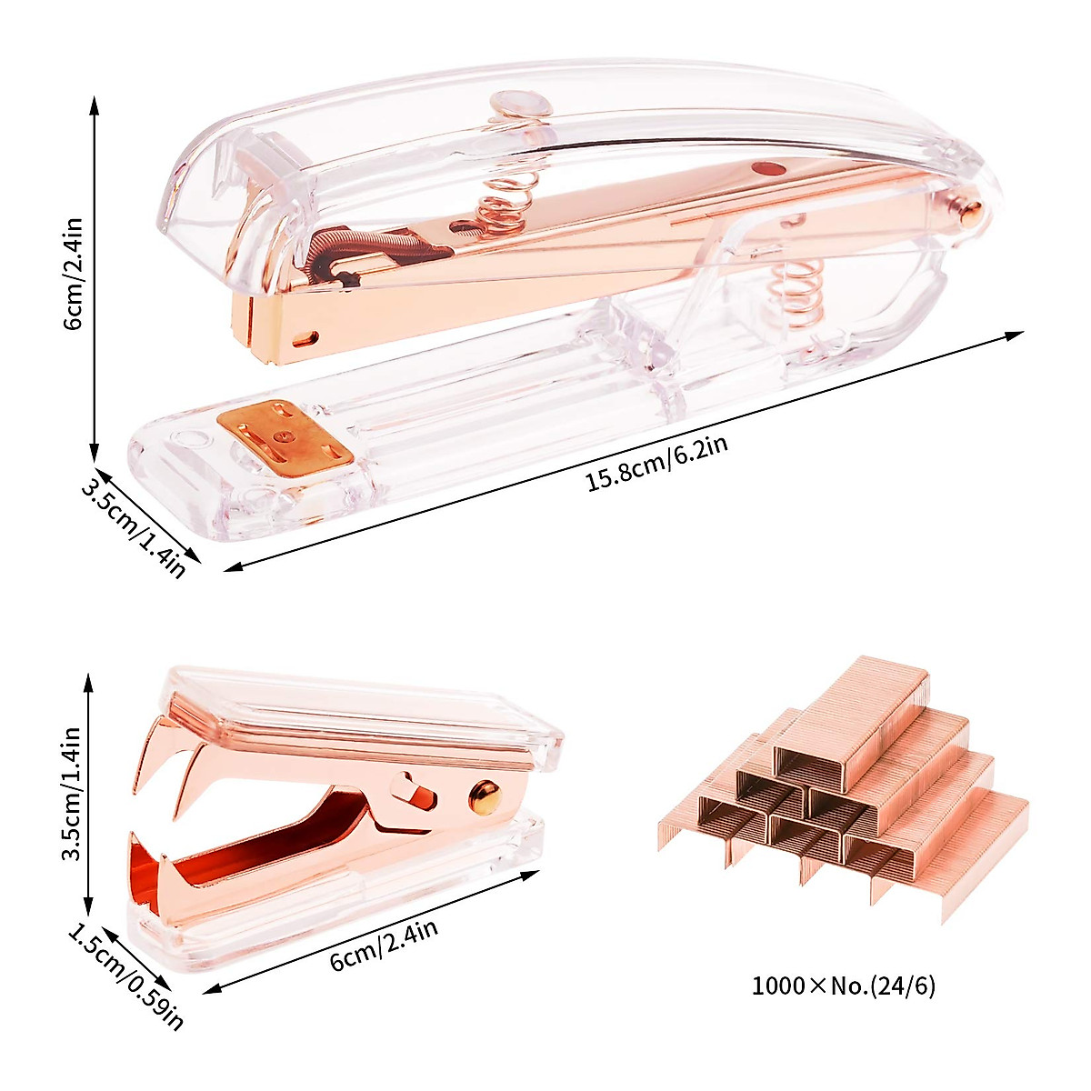 Jmkcoz Rose Gold Acrylic Desktop Stapler Staple Remover with 1000pcs Rosegold Staples for Home School Office Stationery Desk Supplies Accessory Kit