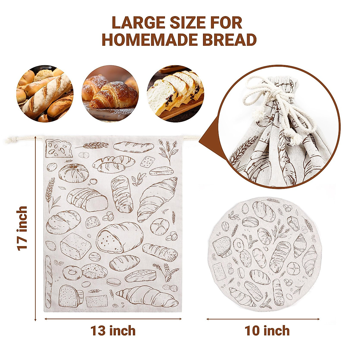 Verigud Bread Bags for Homemade Bread with Bowl Cover, Linen Bread Bag with Inner Lining, Large Sourdough Bread Bags for Homemade Bread Storage, Reusable Bowl Cover with Inner Lining