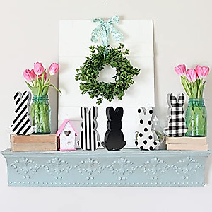 WATINC 5Pcs Easter Bunny Table Decor Tiered Tray Sign, Black & White Rabbit Wooden Signs Tabletop Decorations, Double-sided Wood Centerpiece Desk Topper for Easter Spring Holiday Party Gift Supplies