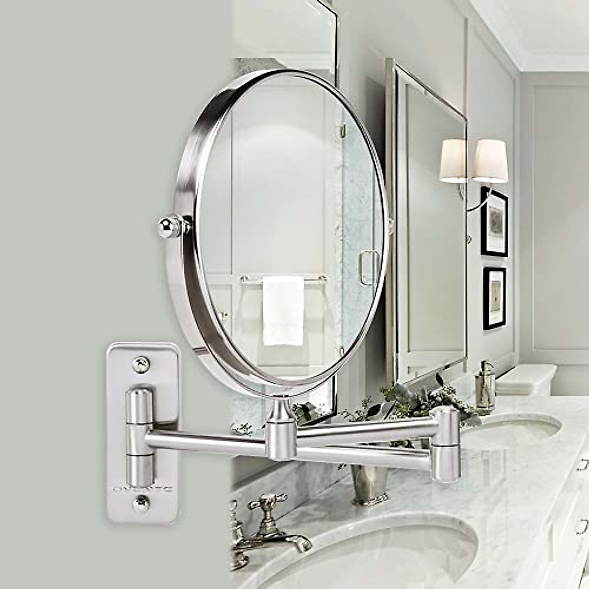 OVENTE 7" Wall Mount Makeup Mirror, 1X & 10X Magnifier, Adjustable Spinning Double Sided Round Reflection, Extend, Retractable & Folding Arm, Bathroom & Vanity Décor, Nickel Brushed MNLFW70BR1X10X