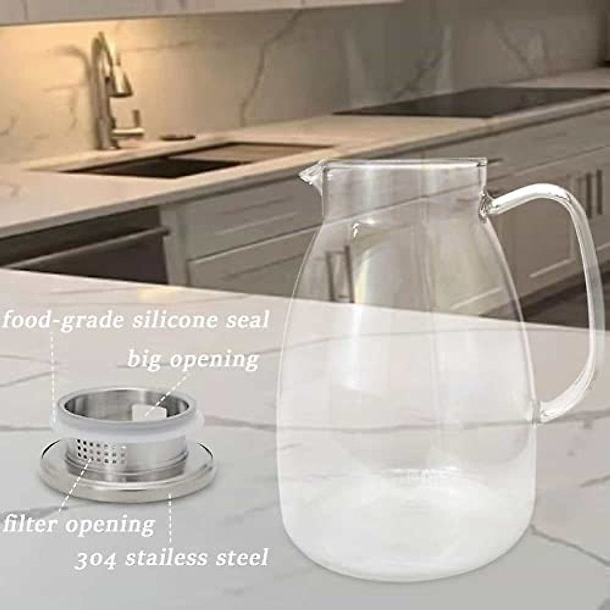 Bunhut Glass Pitcher with Lid,68 oz Water Pitcher for Hot Cold Drinks,Glass Water Pitcher with Insulated Handle,Large Glass Water Jar Made of High Borosilicate Glass,Easy to Clean