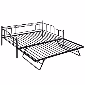 ODC Full Size Daybed with Adjustable Twin Pop Up Trundle, Heavy-Duty Steel Metal Extendable Bed for Bedroom Living Room,Black