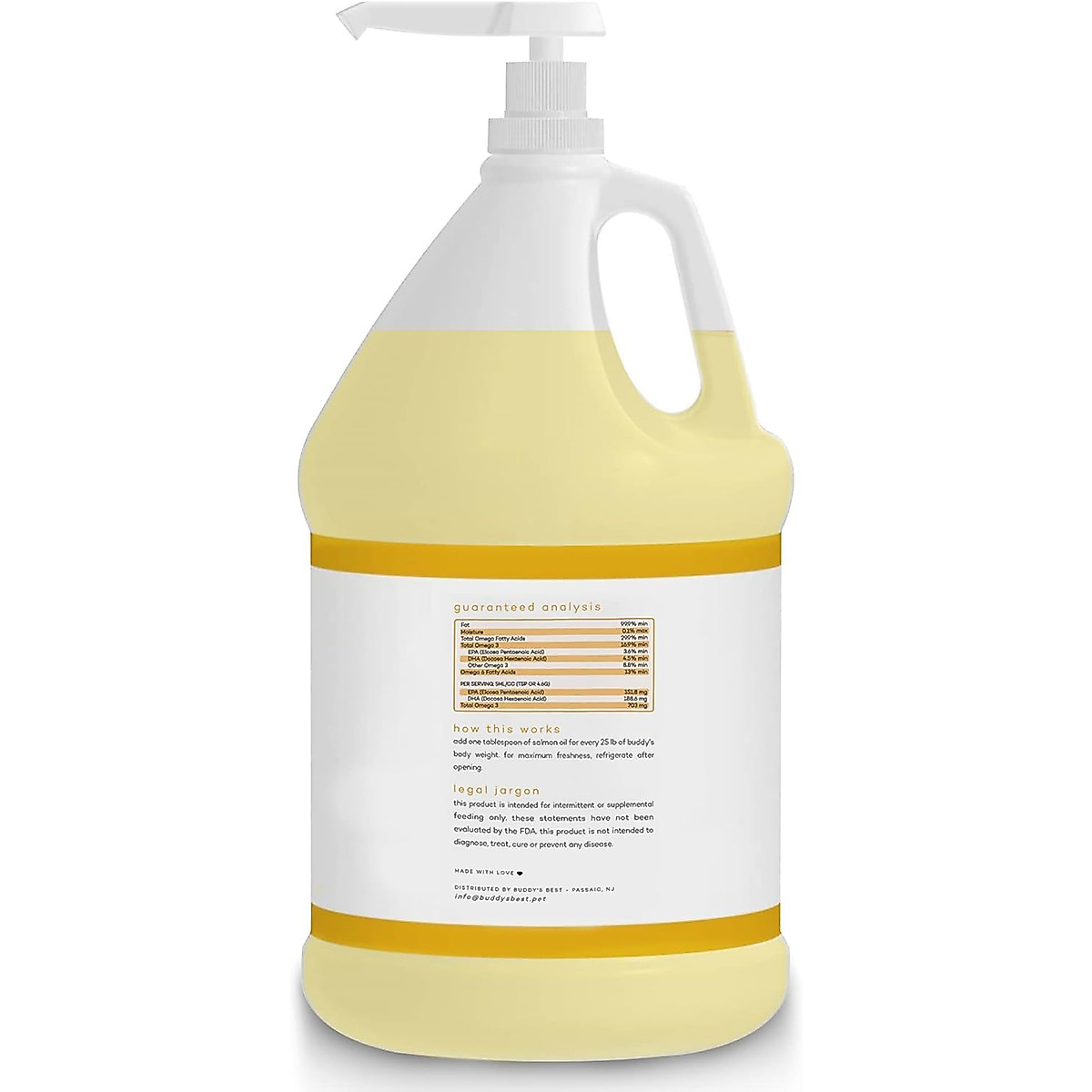 Buddy's Best Salmon Oil for Dogs 1 Gallon (128 Oz) Pump Bottle 100% Pure Norwegian Virtually Odorless Fish Oil