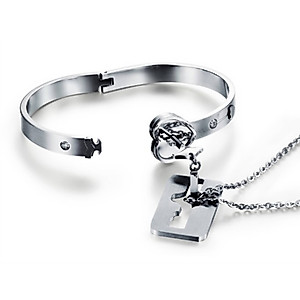 Naivo Romantic Stainless Steel Bracelet Love Heart Lock Bangle Key Pendants Necklace Lovers Jewelry set (Steel color)