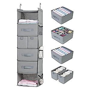 Bosuelife 6-shelves Hanging Closet Organizer with 5 Different Drawers, Foldable Closet Organizers and Storage for Wardrobe, Closet& RV, Clothes and Accessories Storage, Non-woven fabric, Gray