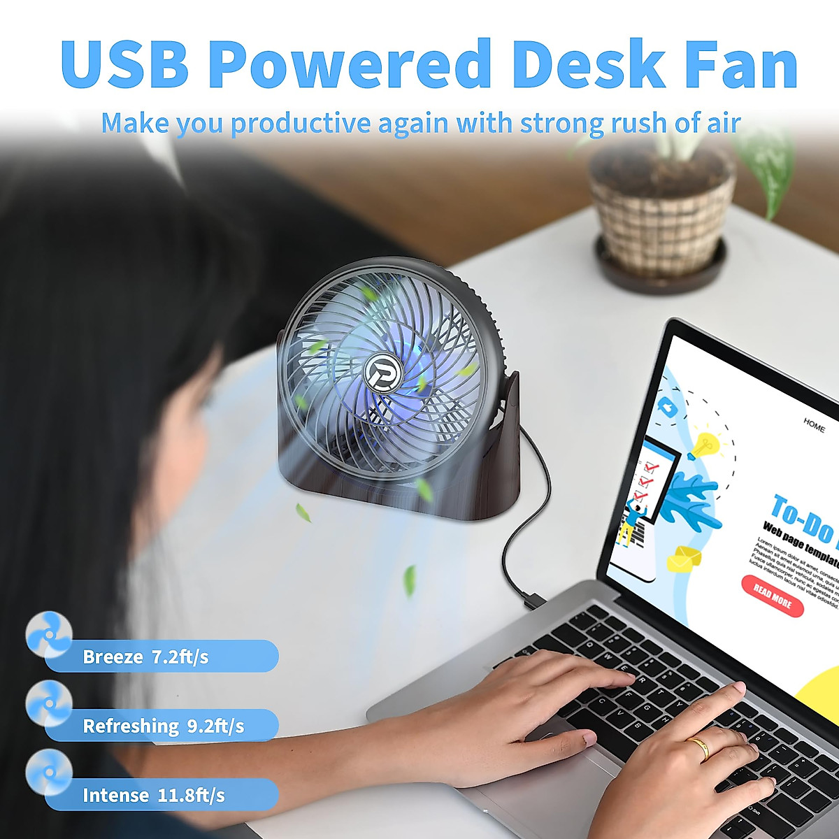 PELANZENHAU 8 inch Table Fan with Remote, USB Powered Desk Fan with RGB Light & Timer, 3 Strong Speeds & 360° Pivot Adjustable, Desktop Air Circulator Fan for Home Office Dorm RV Bedroom Travel