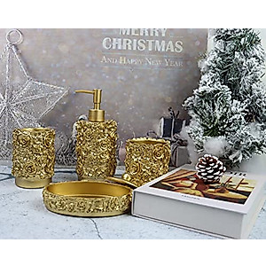 Hymmah Gold Bathroom Accessories Set,Rose Design Bathroom Set,Farmhouse Bathroom Decor,4 Pcs Resin Gift Set Apartment Necessities, Contain Cotton Swab Jar,Soap Dispenser,Soap Dish,Tumbler Gold