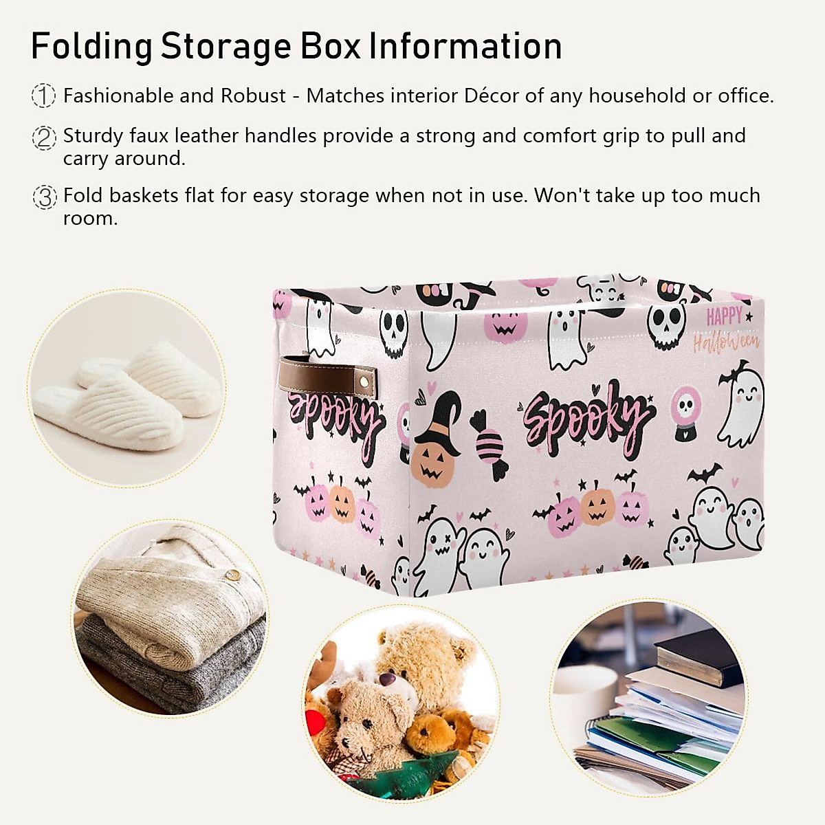 Sletend Foldable Canvas Storage Basket with Handles Halloween Cartoon Ghost Durable Storage Bin Organizer for Nursery Kids Shelves Desks Printed Canvas Storage Basket