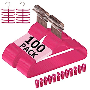 VECELO Premium Velvet Clothes Hangers Suit Heavy Duty (100 Pack)-Non Slip & Space-Saving with 12 Finger Clips & 2Tie Rack Excellent for Men and Women,Rose