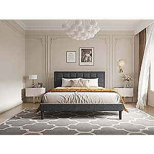 Nazhura Queen Size Bed Frame Upholstered Modern Low Profile Platform with Tufted Headboard/No Box Spring Needed/Linen Fabric Upholstery/Charcoal Grey