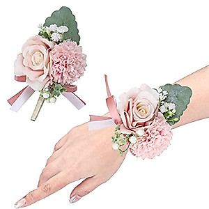 CEWOR Wrist Corsage Boutonniere Pink Rose Wristlet Band Bracelet and Men Boutonniere Set for Rustic Vintage Wedding Accessories Prom Party Decorations